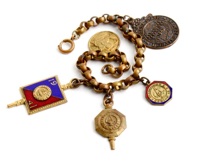 SALE - Vintage Brass Charm Bracelet - 1940s Costume Jewelry, 5 Charms ...