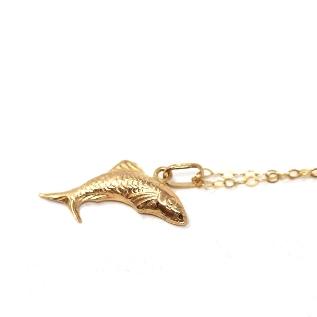 Modern Fish Necklace - Estate 18k Yellow Gold Fishing Pendant Charm ...