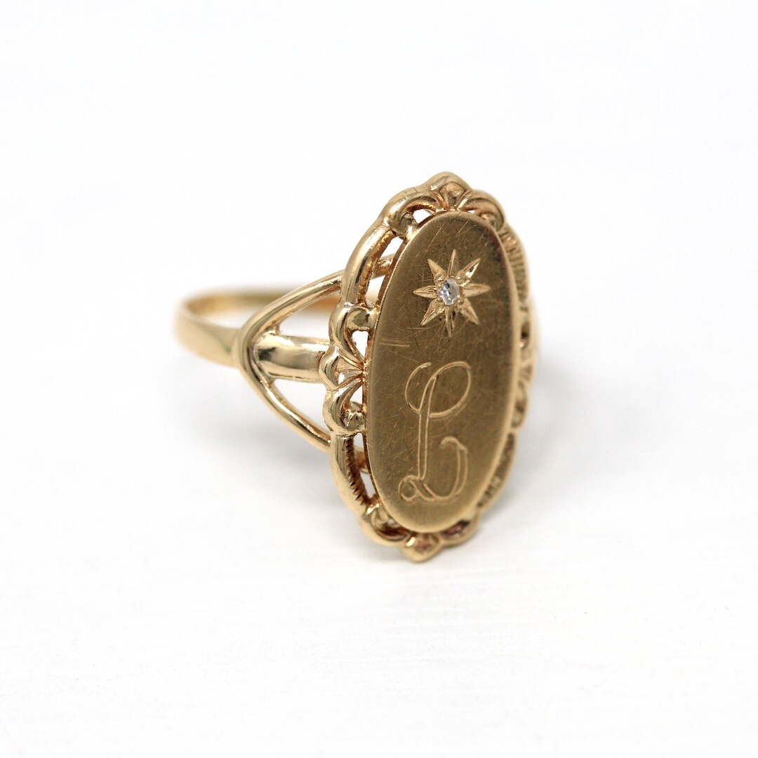 Letter l Ring Retro 10k Yellow Gold Engraved Initial Genuine .01 CT ...