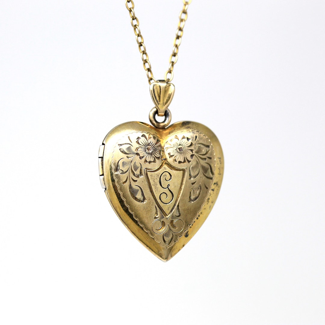 Letter g Locket Retro Gold Filled Heart Flower Pendant Necklace Vintage ...