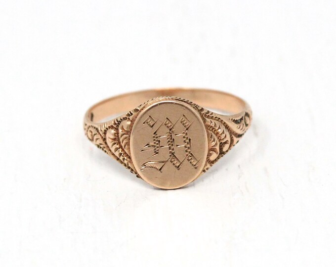 M Signet Ring - Antique 10k Rose Gold Monogrammed Initial Band ...