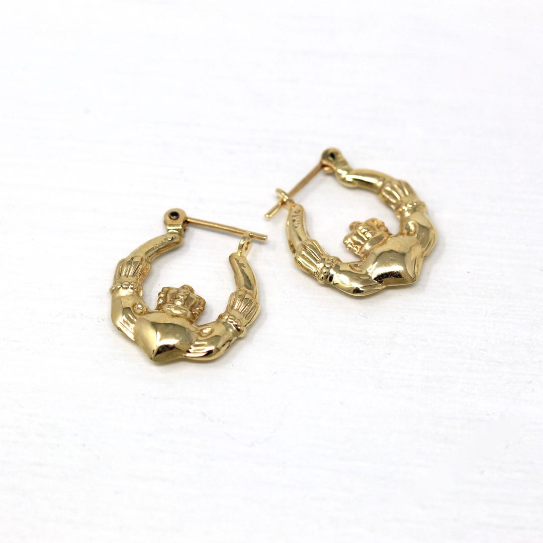 Claddagh Hoop Earrings Estate 14k Yellow Gold Irish Heart Crown Clasped ...