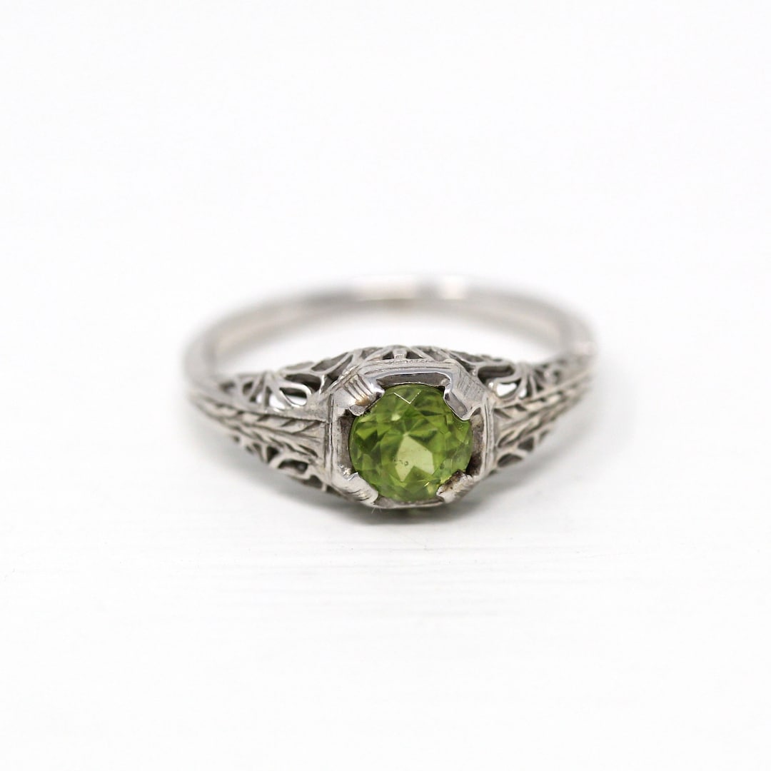 Genuine Peridot Ring Art Deco 18k White Gold .58 CT Round Faceted Green ...