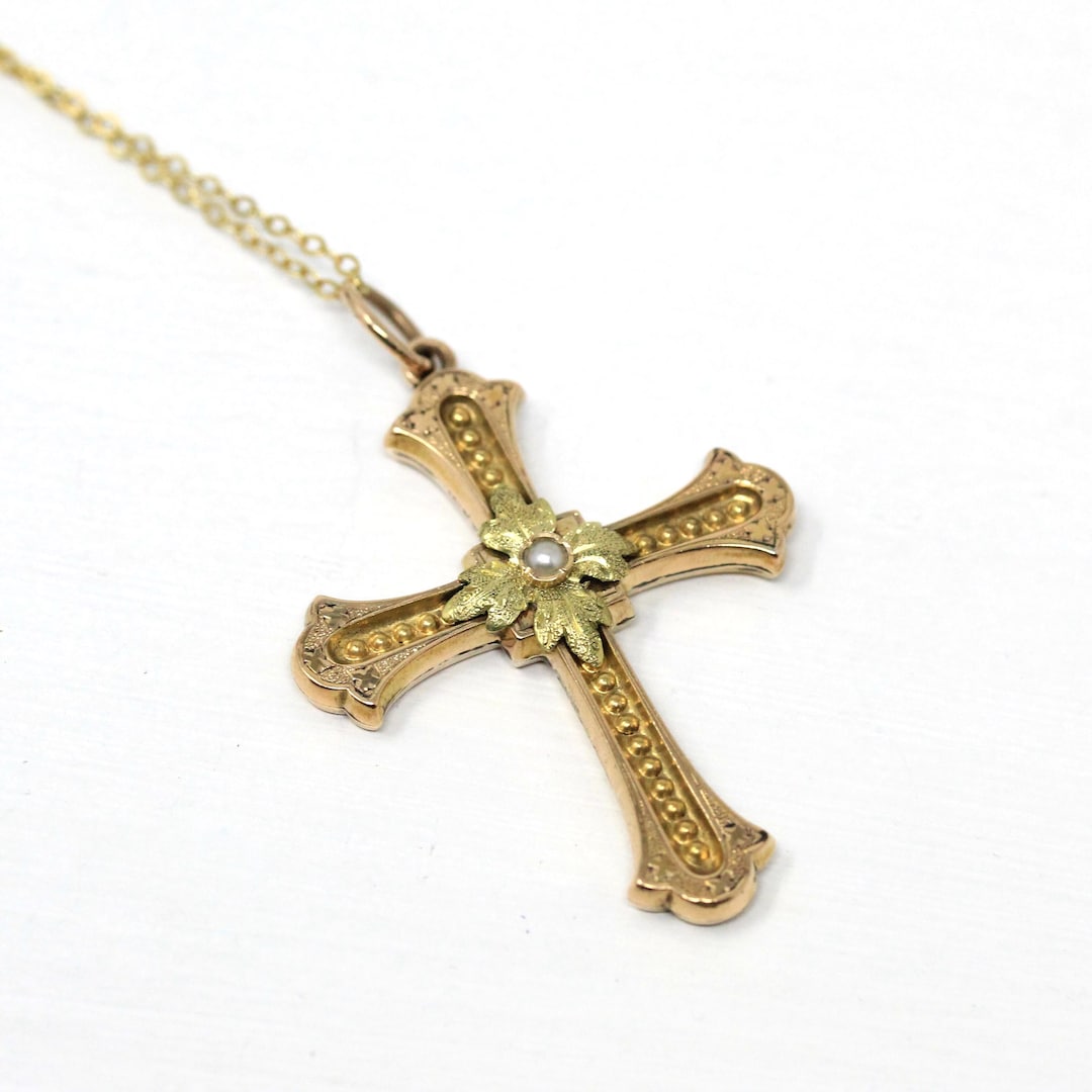 Antique Cross Necklace - Victorian Era 18k Gold Flower Leaf Crucifix ...