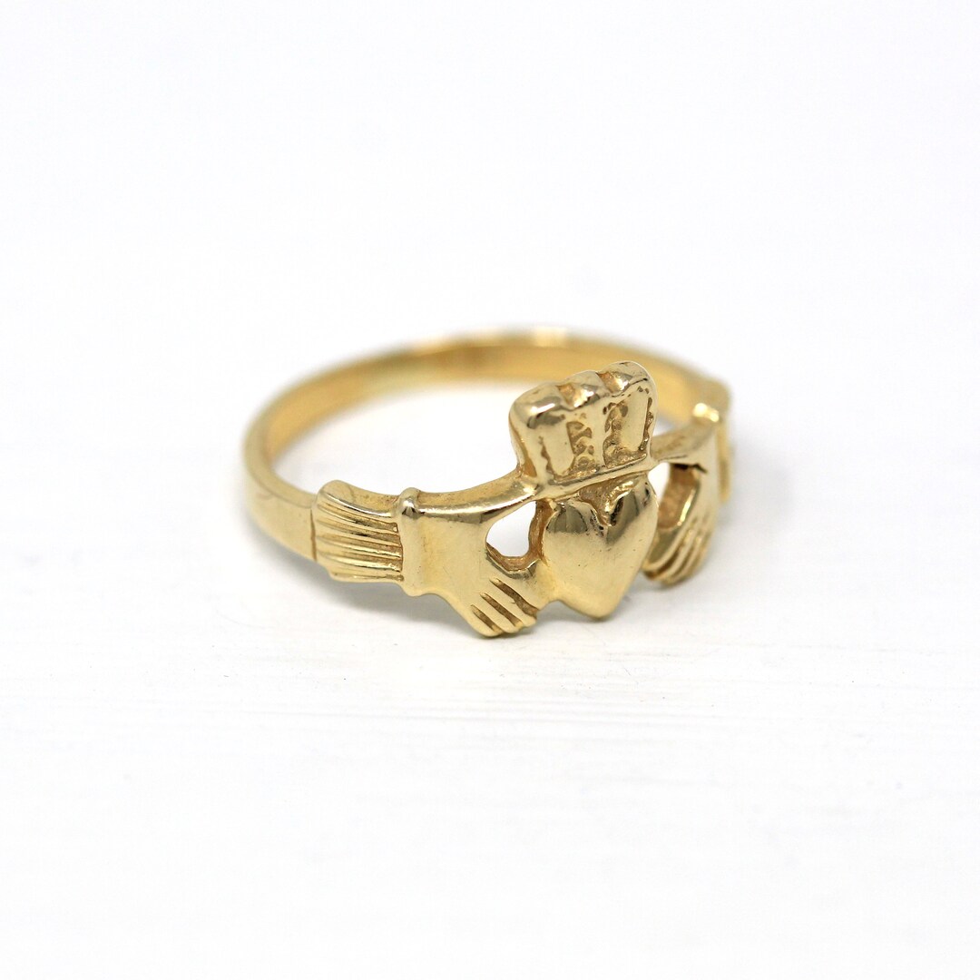 Modern Claddagh Ring Estate 14k Yellow Gold Heart Clasped Hand Crown ...