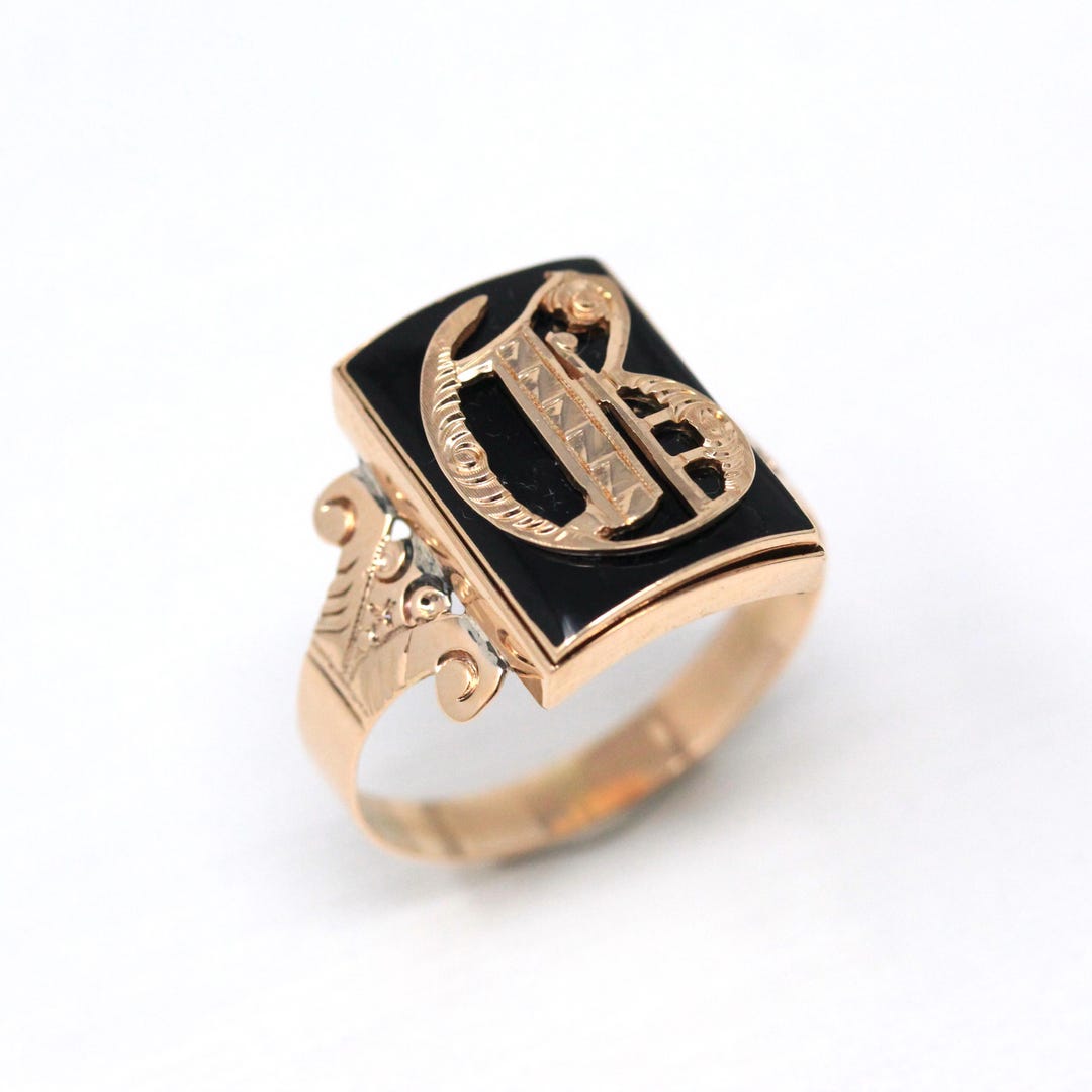 Letter "g" Ring - Victorian 10k Rose Gold Simulated Onyx Signet ...