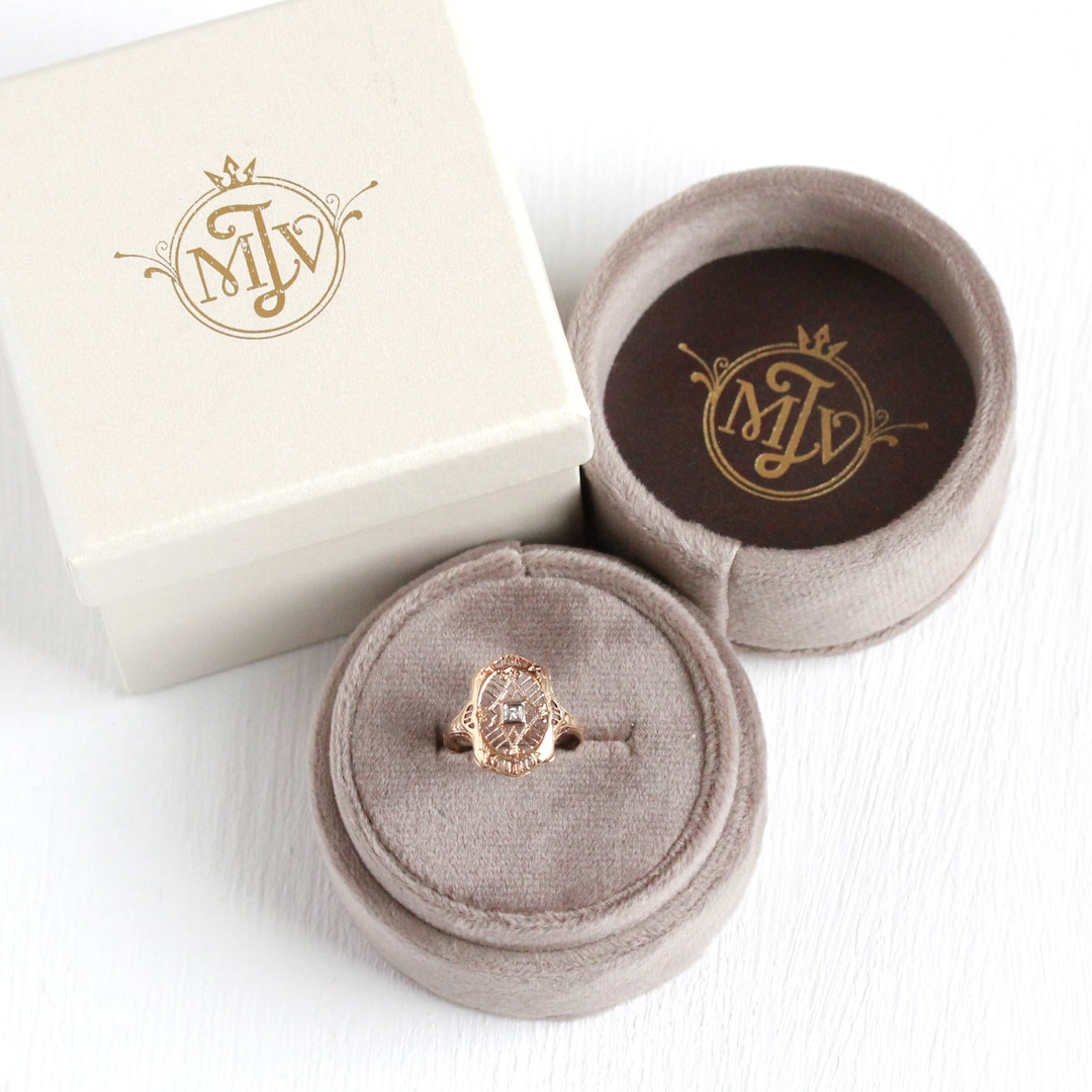 Gray Ring Box - Vintage Inspired New MJV Round Velvet Plush Single Slot ...