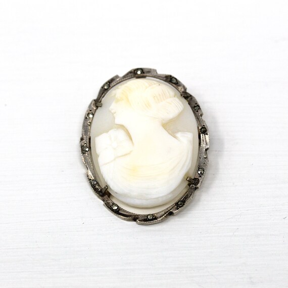Sale Vintage Cameo Brooch Art Deco 800 Silver White Carved Shell Rhinestone Pin 1930s Era Woman s Silhouette Fashion Accessory Jewelry Etsy