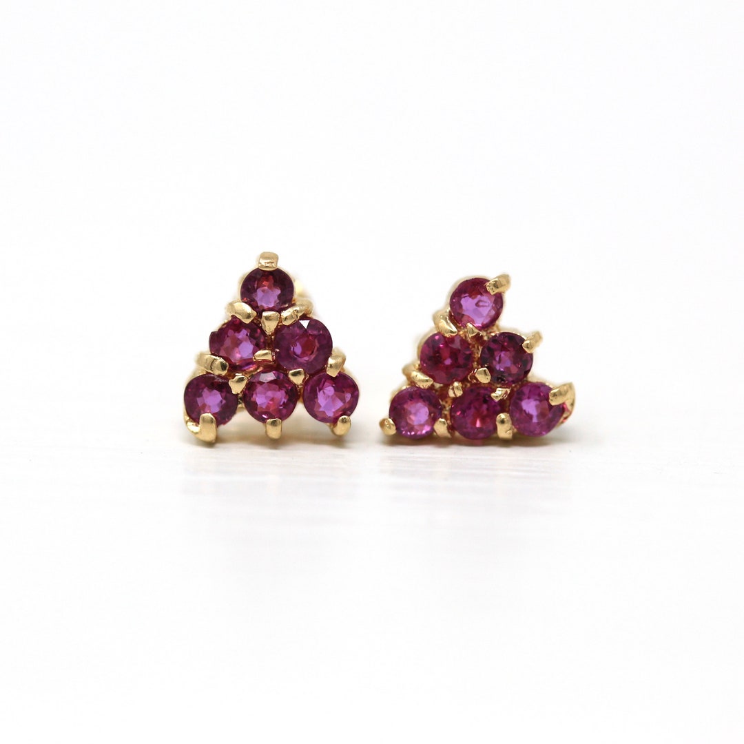 Genuine Ruby Earrings Vintage 14k Yellow Gold Pink Gemstones Cluster ...