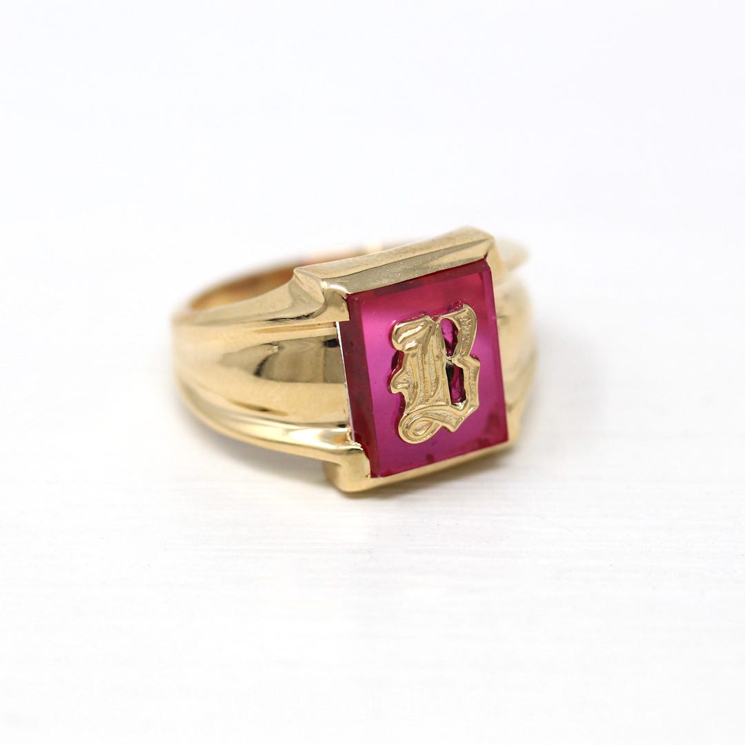 Letter "b" Ring - Retro 10k Yellow Gold Created Ruby Statement Signet ...