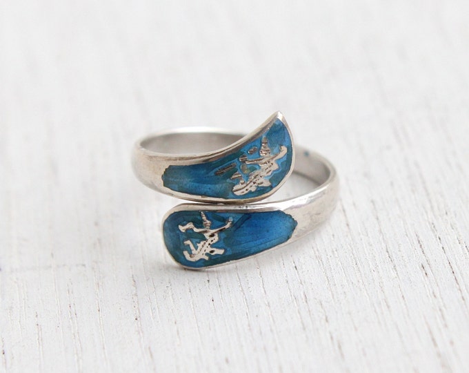 Vintage Sterling Silver Siam Ring - Adjustable Blue Enamel Thai Wrap ...