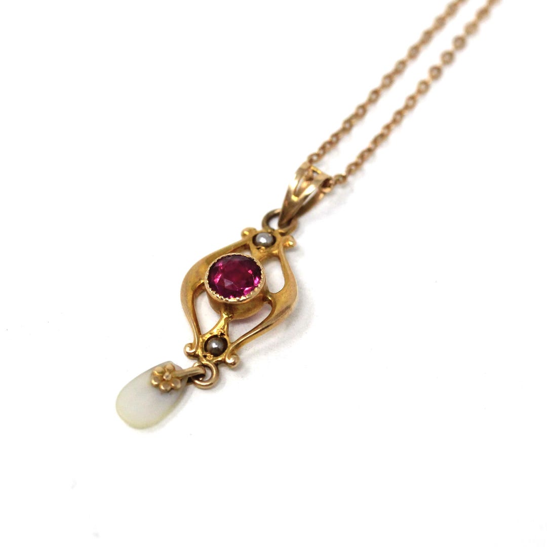 Antique Lavalier Necklace - Edwardian 10k Yellow Gold Red Purple Glass ...