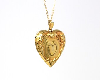 Letter m Locket Retro Gold Filled Engraved Initial Heart Shaped Pendant ...