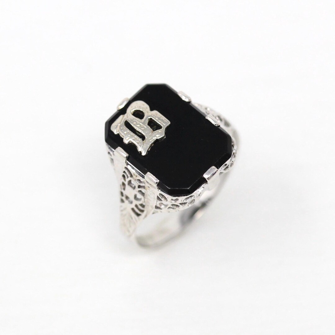 Letter b Ring Art Deco 14k White Gold Genuine Black Onyx Old English ...