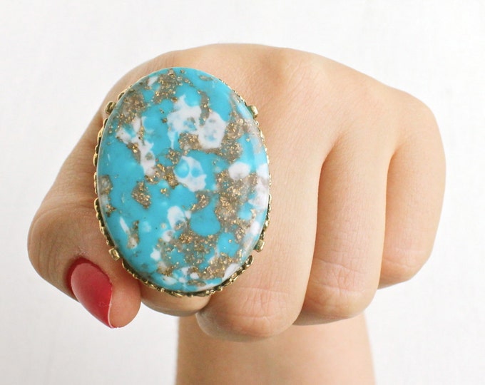 SALE - Huge Vintage Faux Turquoise Ring - Retro 1970s Gold Tone ...