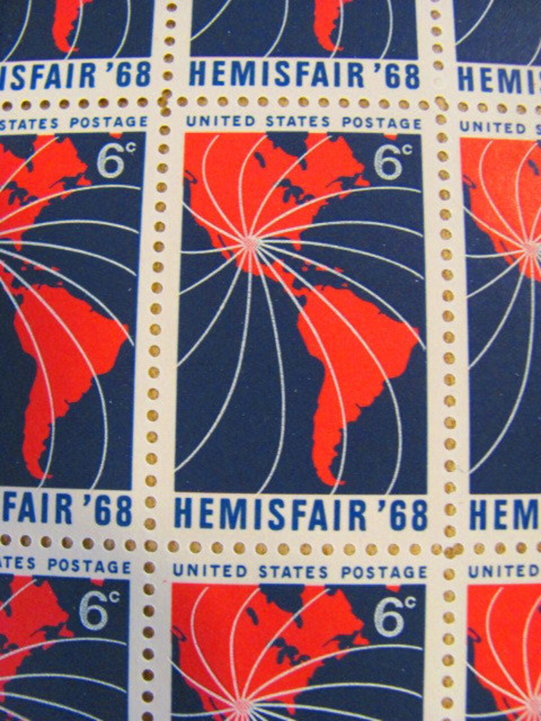 World Map Full Sheet of 50 Vintage US Postage Stamps 6-cents Hemisfair ...