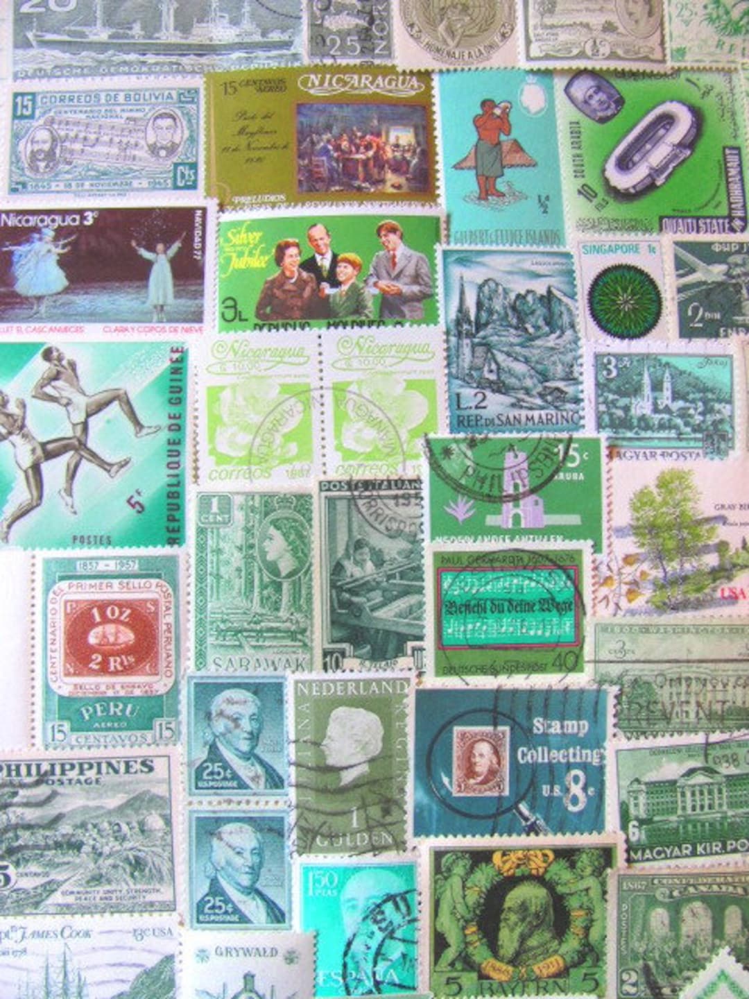 Shades of Green 100 Vintage Postage Stamps March Madness Lime Emerald ...