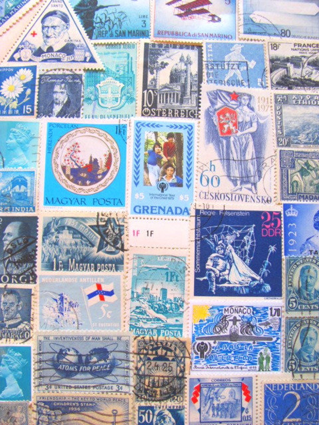 Shades of Blue 100 Vintage Blues Postage Stamps Navy Marine Robin's Egg ...