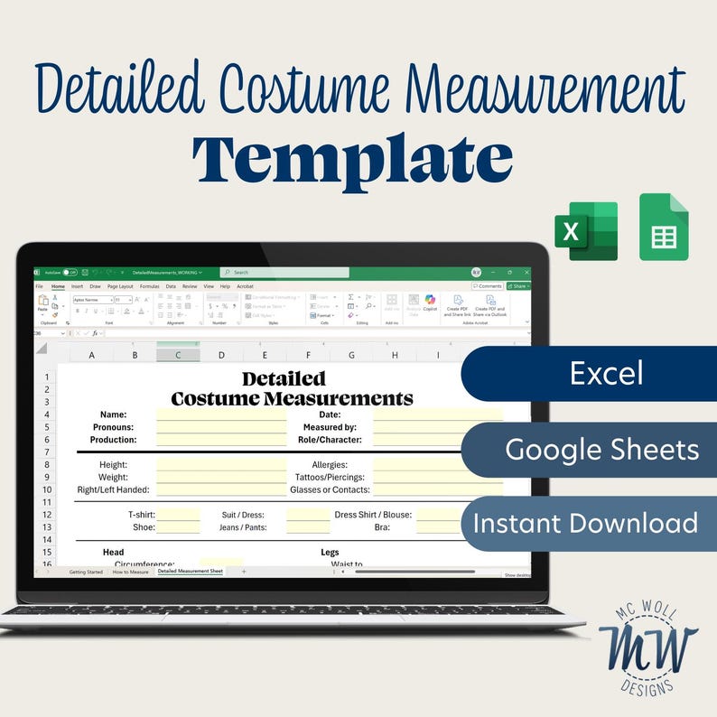 Detailed Costume Measurement Template Excel Google Sheets - Etsy