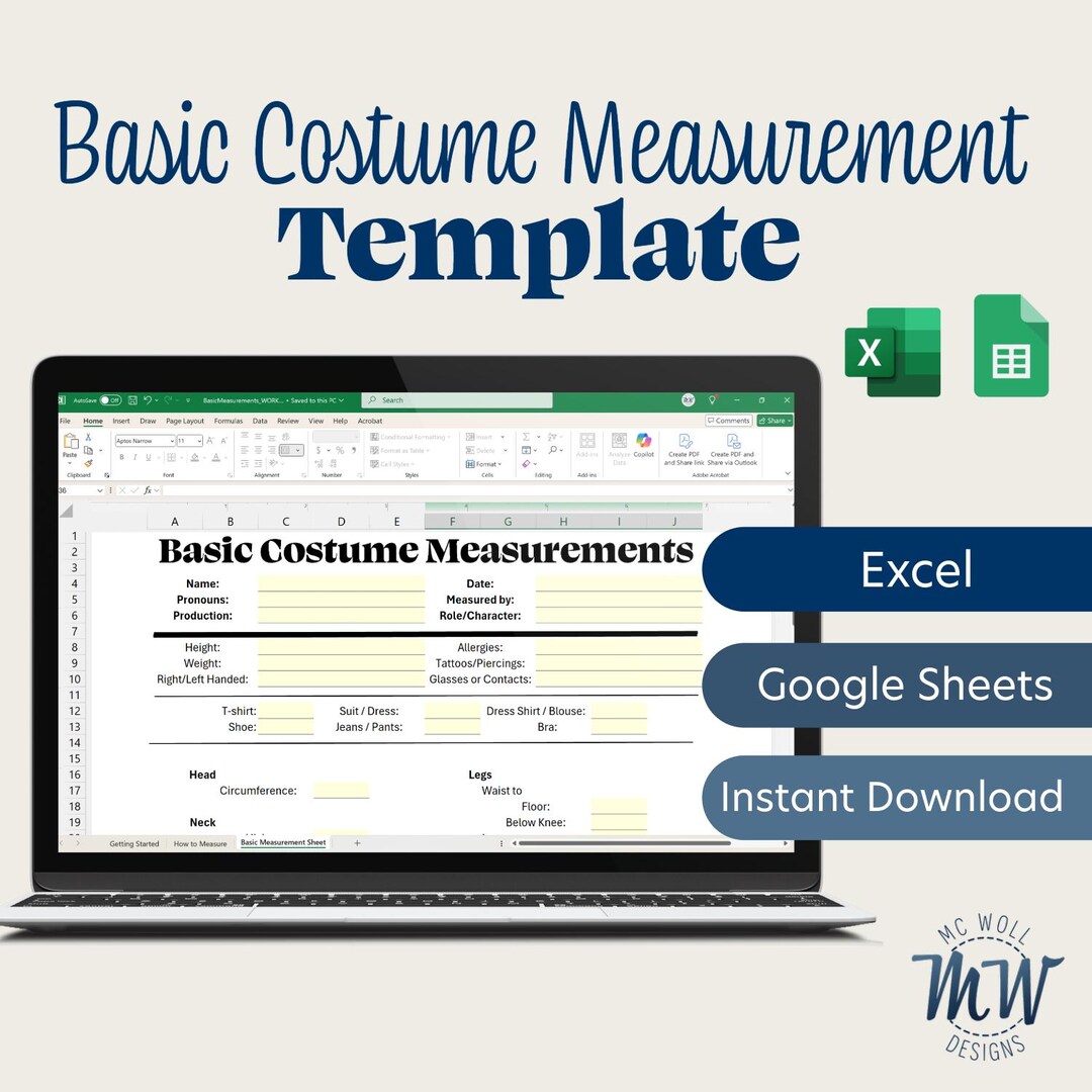 Basic Costume Measurement Template Excel Google Sheets - Etsy