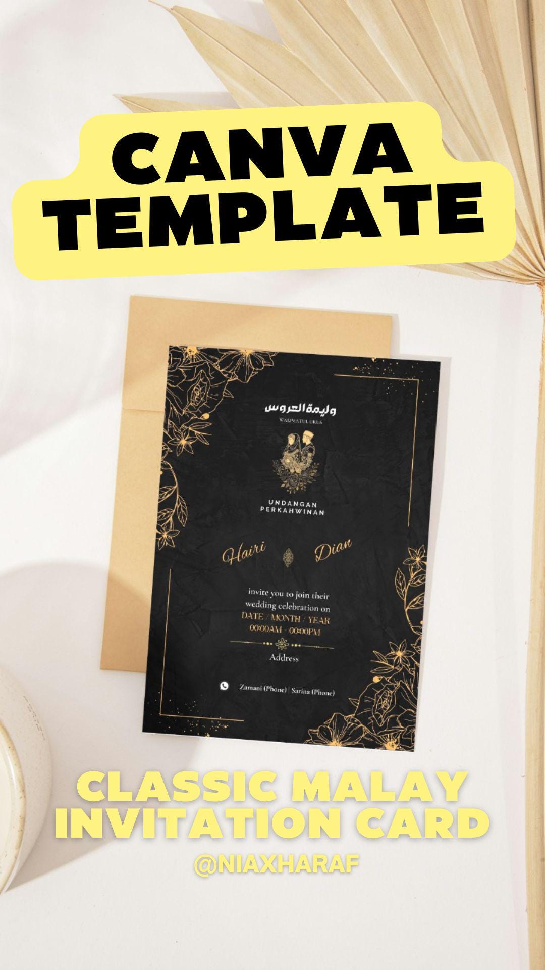 Classic Malay Wedding Invitation Template: Black & Gold Floral (CANVA ...