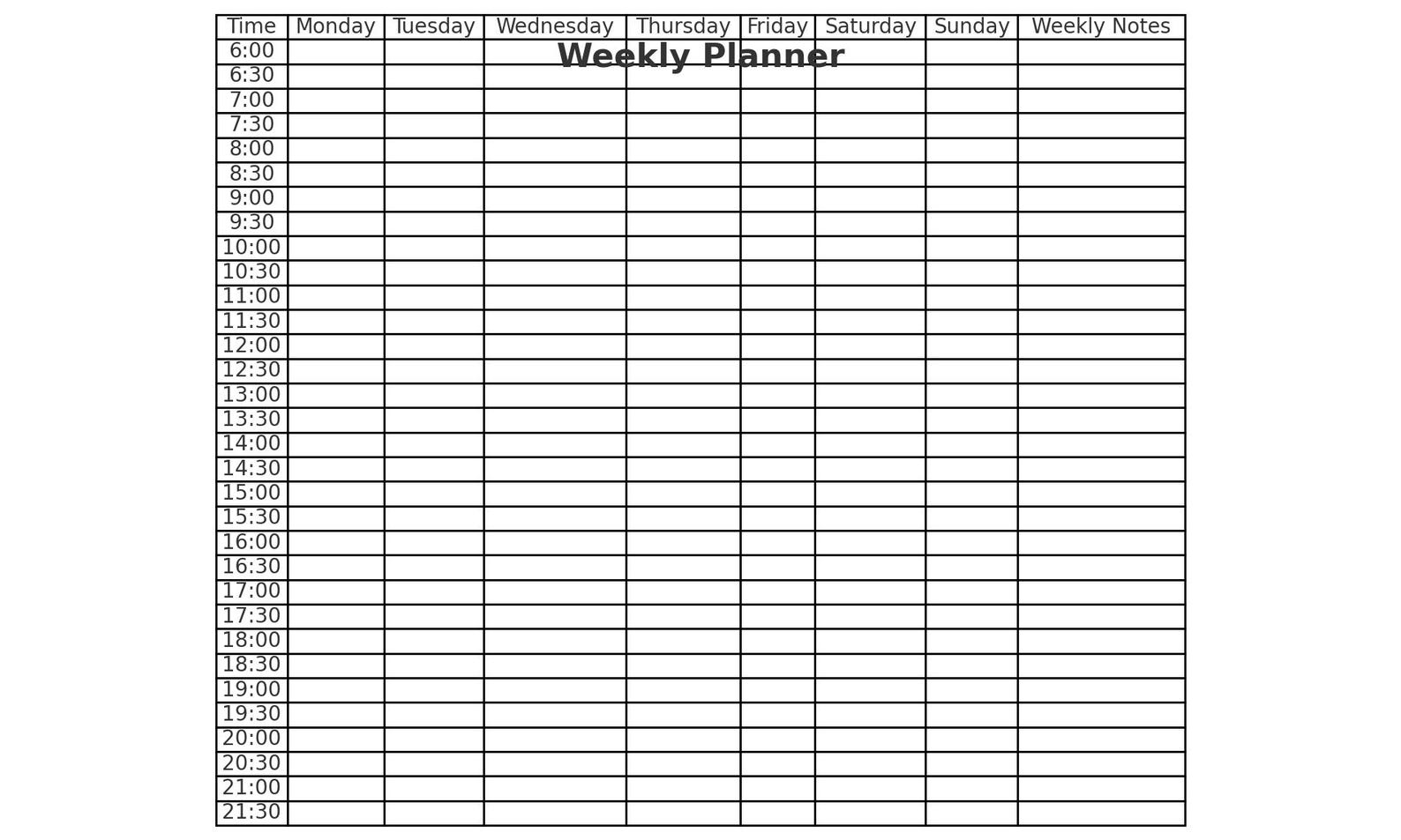 Advanced Weekly Planner Excel Template | Hourly & Half-hour Schedule ...