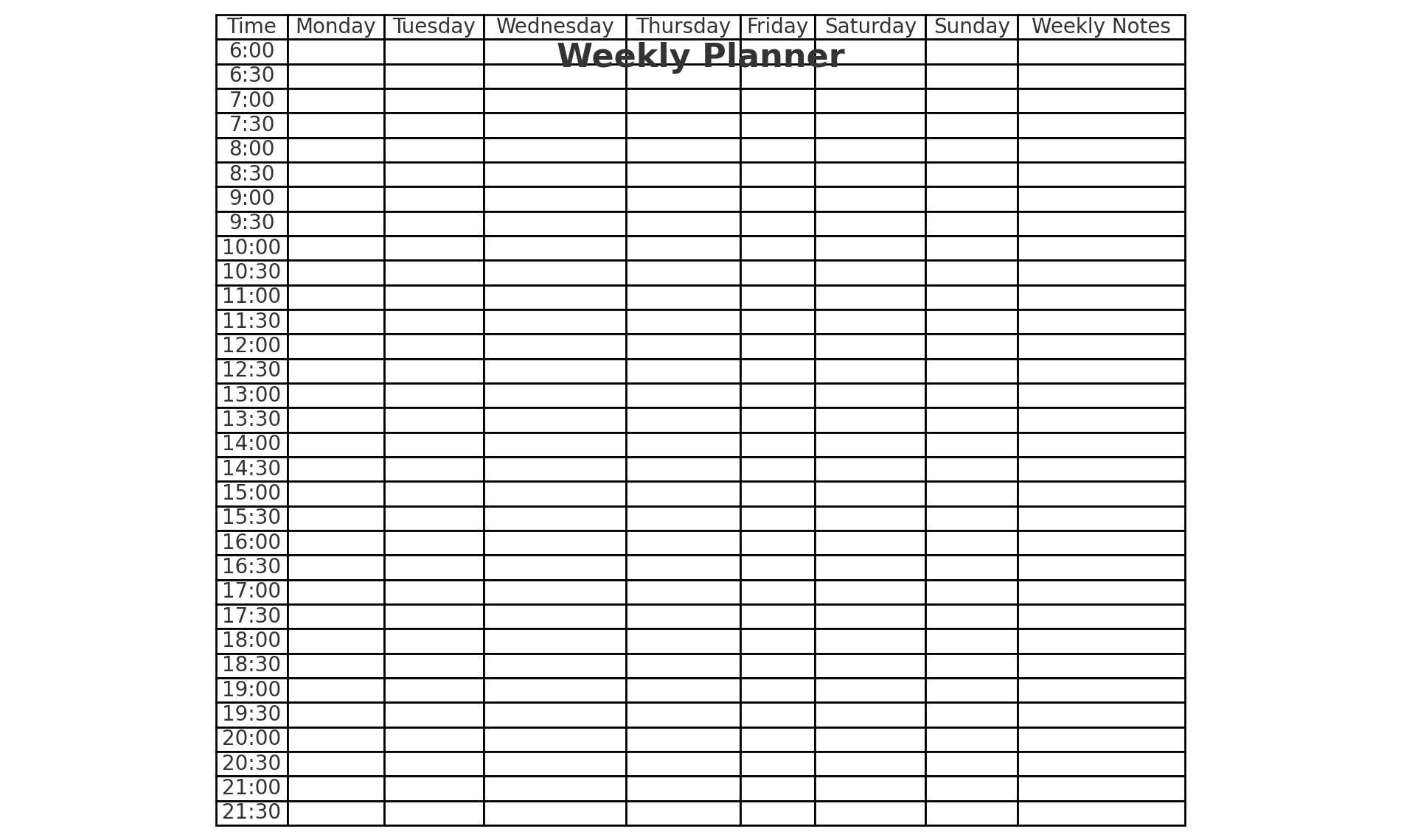 Advanced Weekly Planner Excel Template | Hourly & Half-hour Schedule ...
