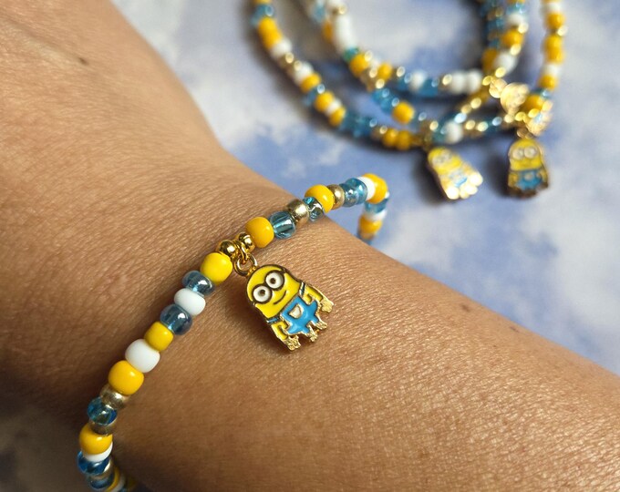 Minion Seed Bead Bracelet, Handmade Beaded Stretch Bracelet, Minion ...