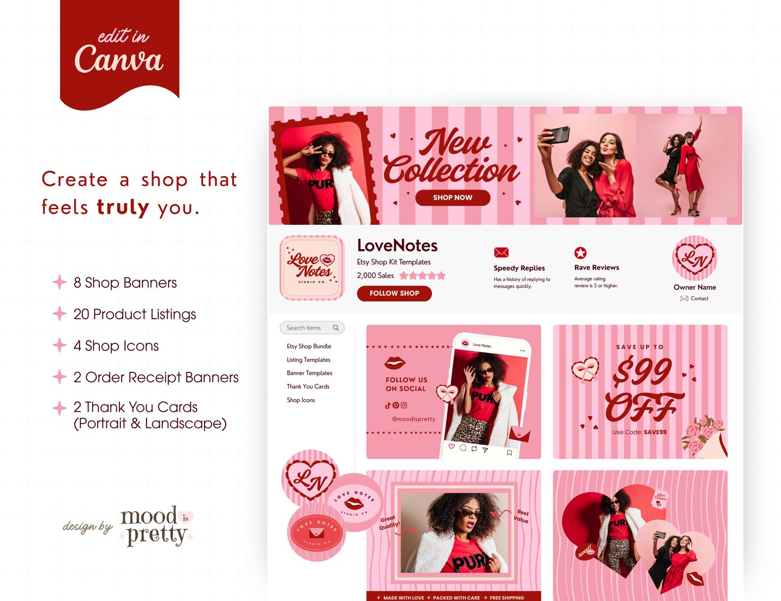 Etsy Shop Kit | Valentines Editable Canva Templates, Love Month Banners ...