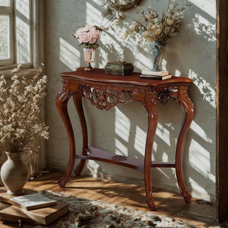 Console Table With Floral Apron – Vintage Victorian Half-moon Sofa Table With Cabriole Legs ...