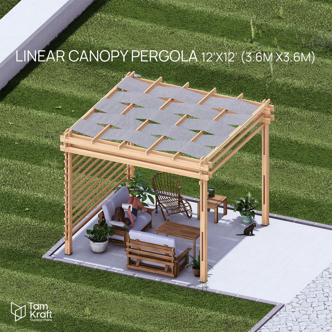 Modern Pergola DIY Plan – 12x12 Ft (3.6x3.6 M) Linear Wood Canopy – PDF ...