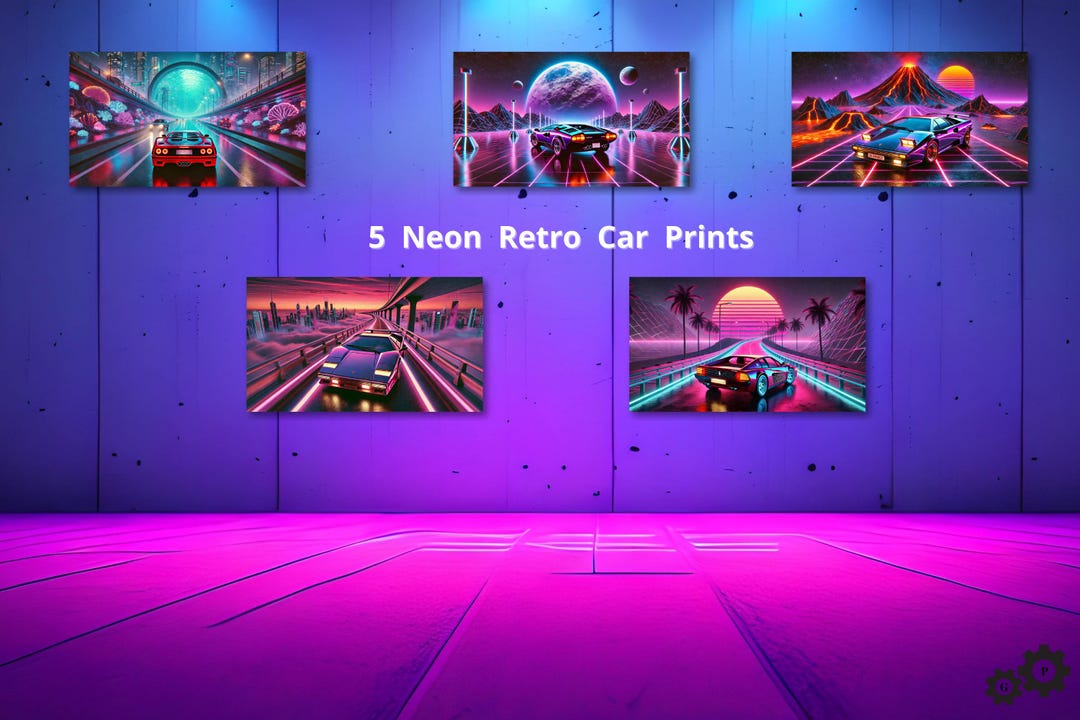 Neon Retro Car Posters – 5 Digital Prints | Outrun Vaporwave Aesthetic ...