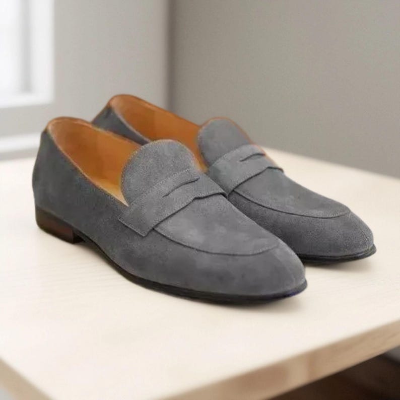 Handmade Men Gray Suede Penny Loafer, Men Slip on Dress Shoes, Gift for ...