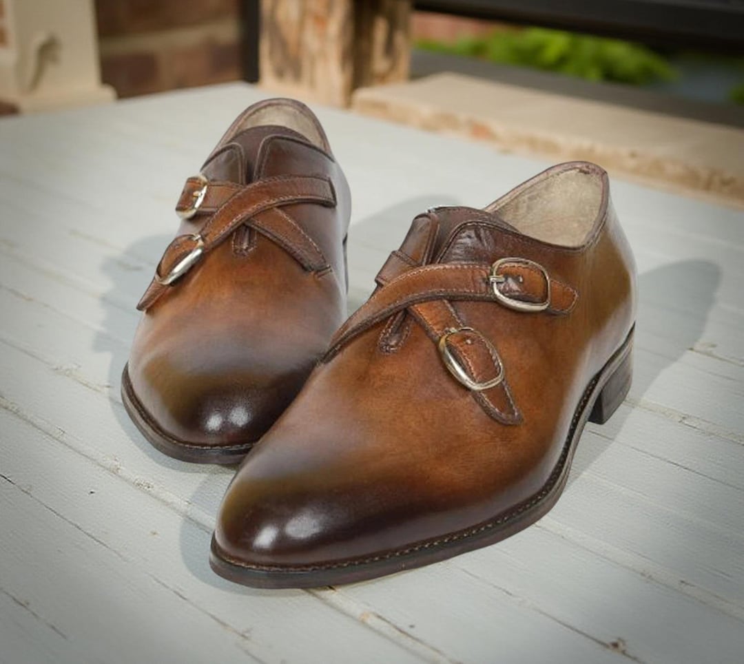 Handmade Brown Color Genuine Leather Stylish Double Cross Straps Shoes ...