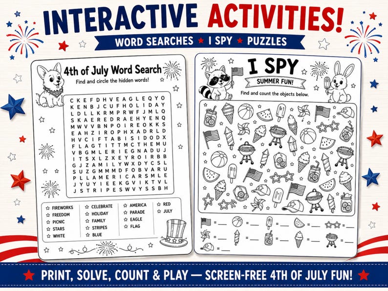 4th of July Activity Book for Kids | Woodland Animals, Mazes, Coloring ...