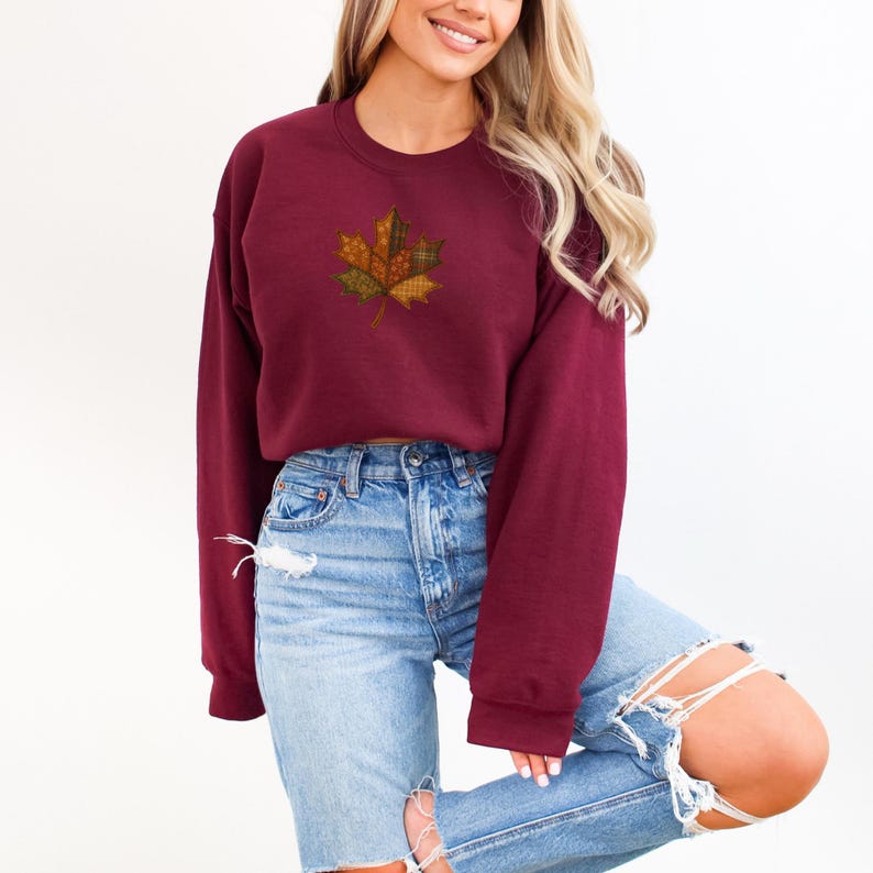 Retro Patchwork Fall Leaf Sweatshirt, Autumn Leaf Sweat, Leaves Hoodie ...