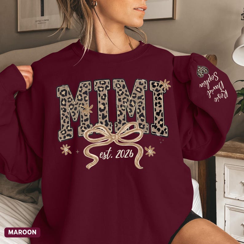 Custom Leopard Mimi Sweatshirt With Kid Name on Sleeve, Personalized ...