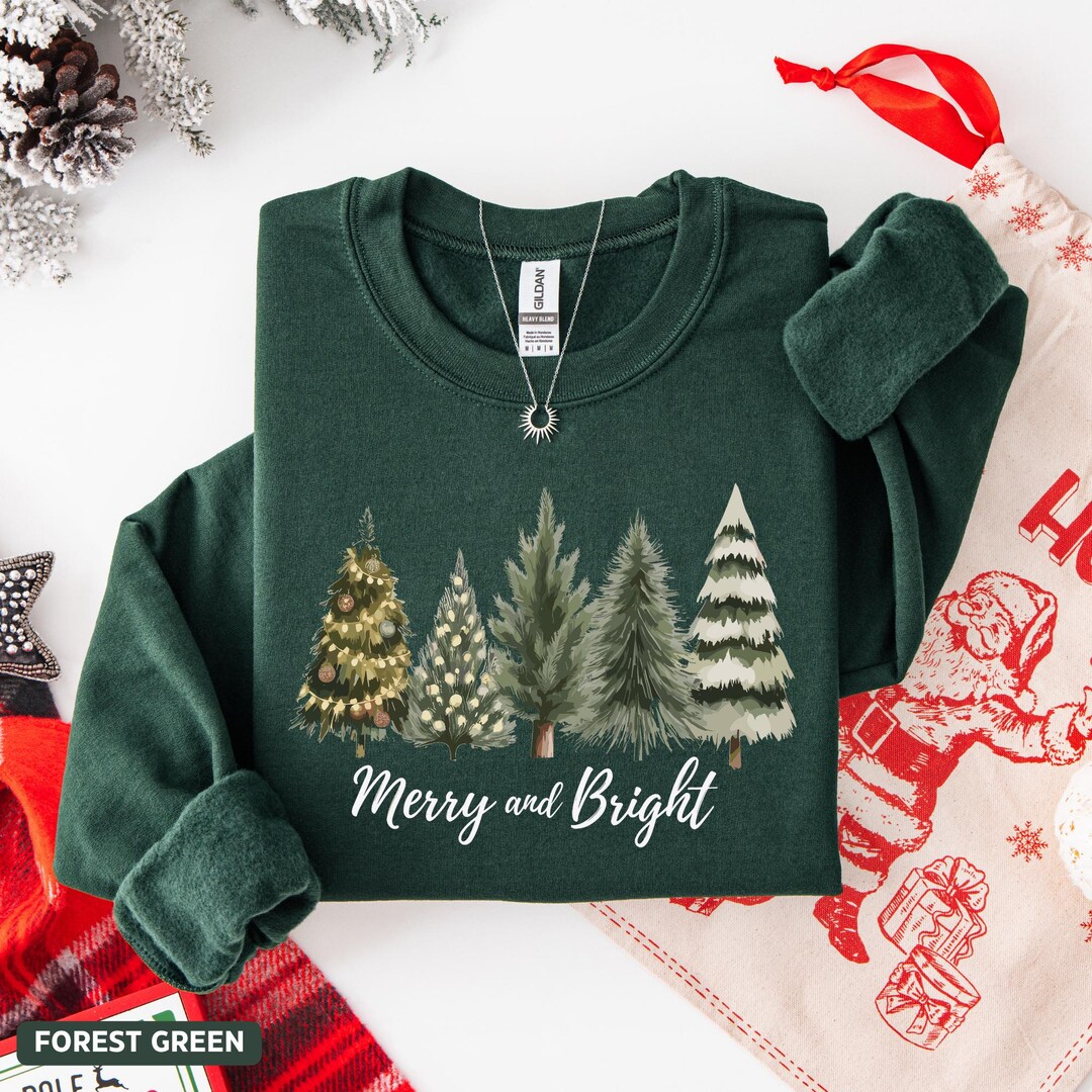 Merry and Bright Sweatshirt, Christmas Trees Sweatshirt, Merry ...