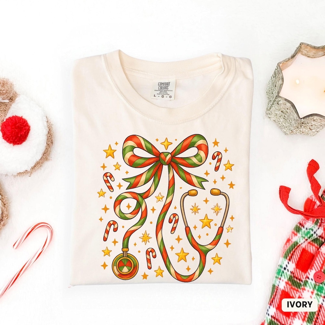 Candy Cane Stethoscope Comfort Colors® Shirt, Nurse Christmas Bow Tee ...