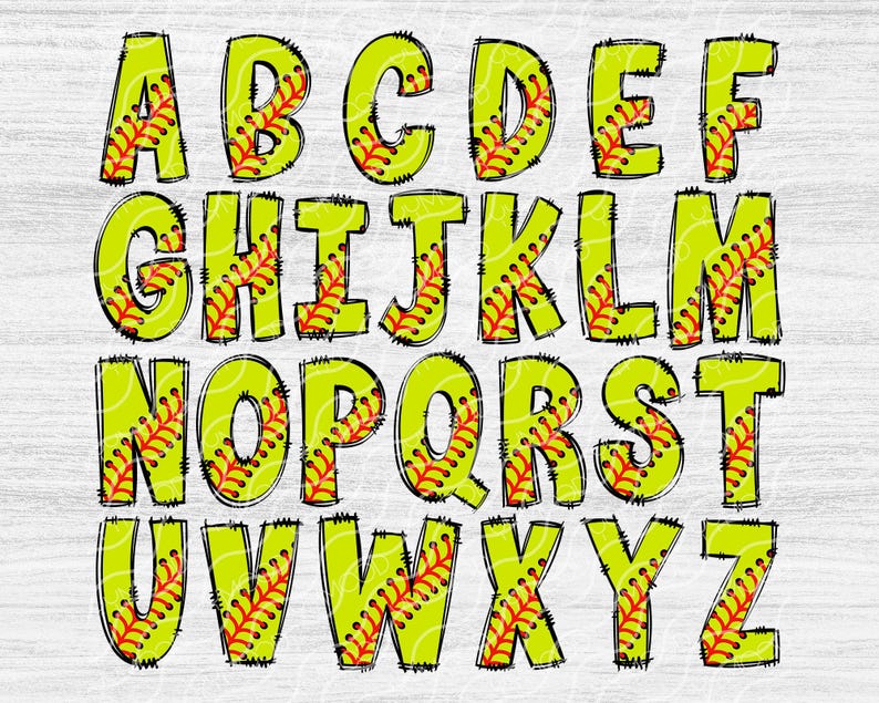 Softball Sublimation PNG Alphabet, Doodle Letters Clipart A-Z, Hand ...