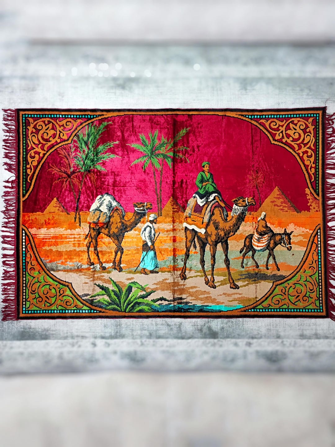 80s Vintage Velvet Wall Tapestry | Rare Camel Caravan & Pyramid Scene ...