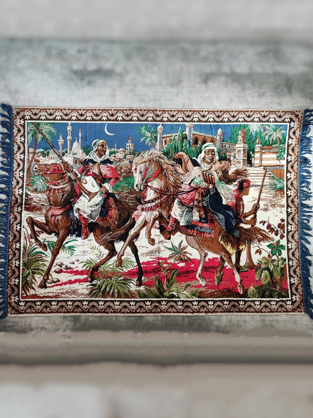 Vintage Middle Eastern Tapestry: Princess Abduction Scene, Velvety Wall ...