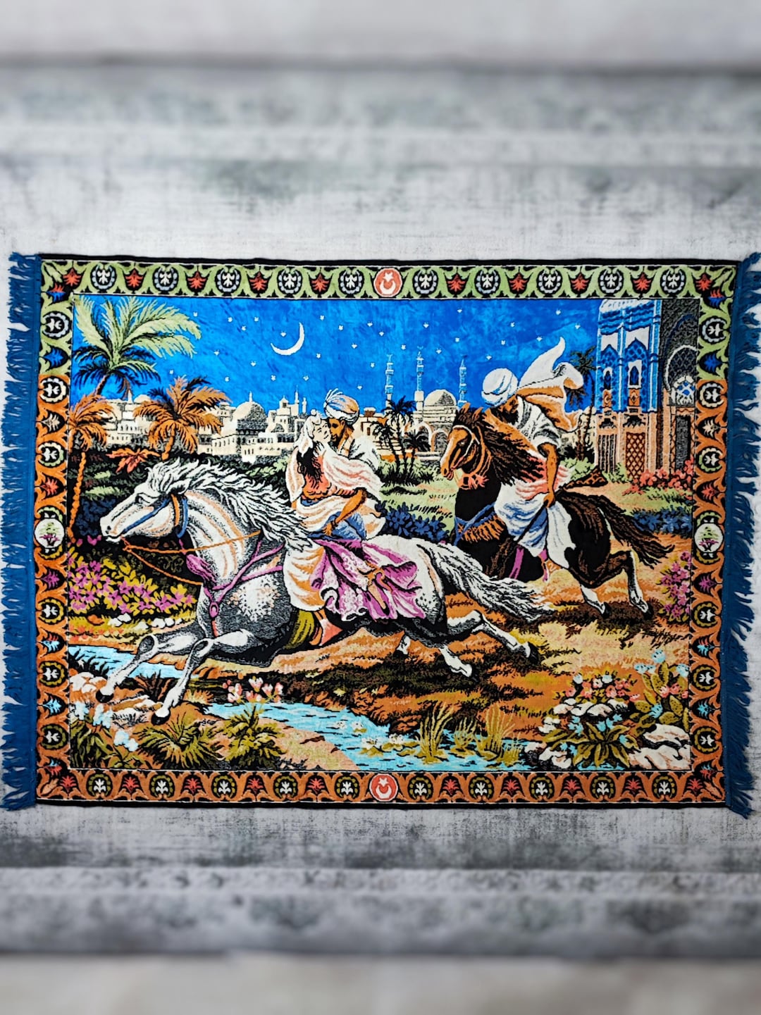 Vintage Middle Eastern Tapestry: Princess Abduction Scene, Velvety Wall ...