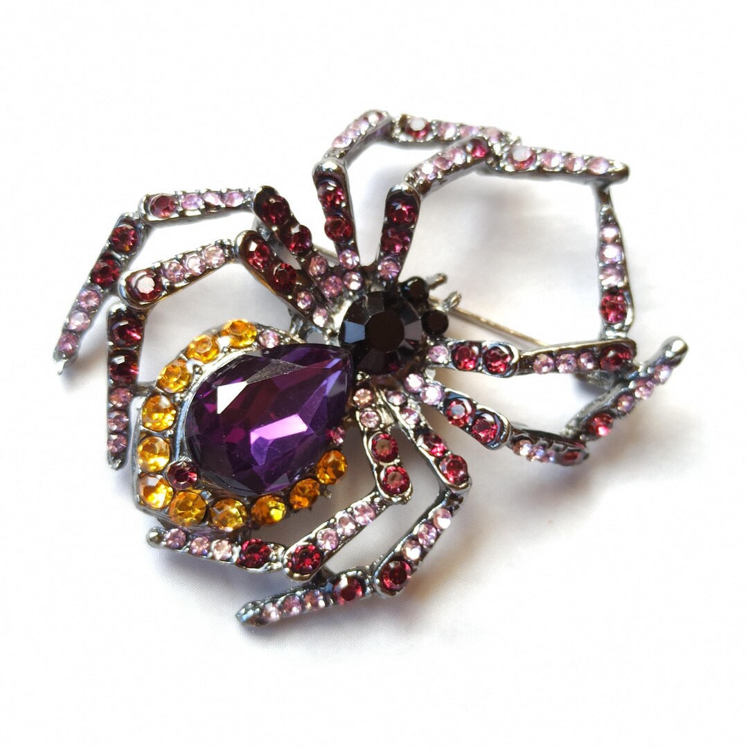 Silver Rhinestone Spider Brooch in Purple, Red & Yellow / Vintage Style ...