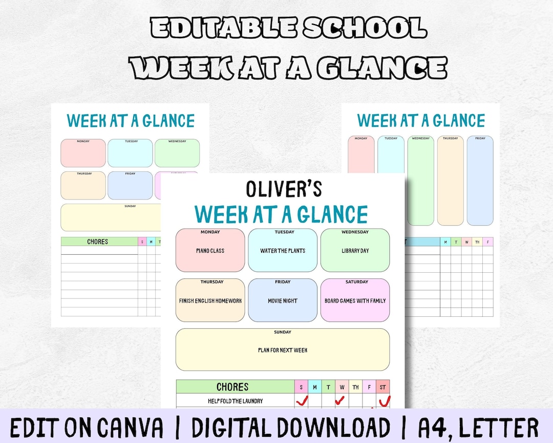 Editable Week at a Glance for Kids, Back to School Kids Printable Week ...