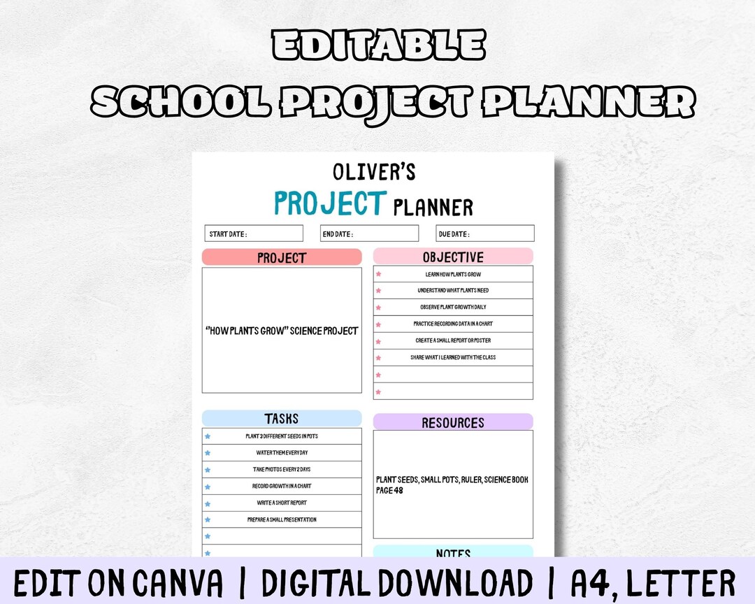 Editable School Project Planner for Kids, Printable Kids Back to School ...