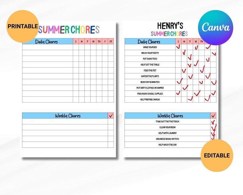 Editable Summer Chore Chart for Kids, Printable Editable Summer Chore ...