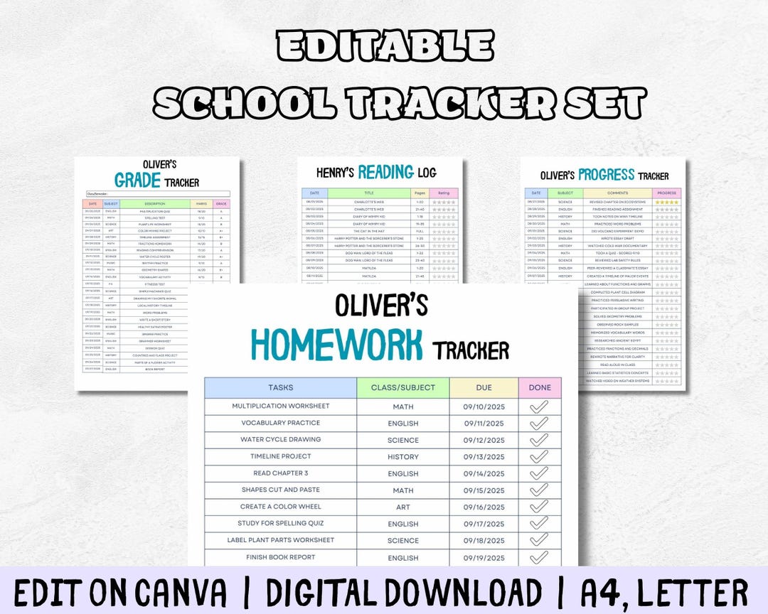 Editable School Tracker Bundle, Kids Back to School Tracker Set, Grade ...