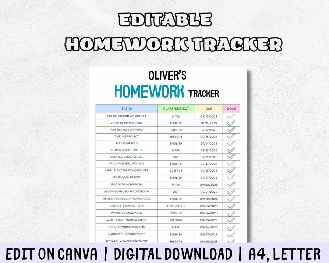 Editable School Homework Tracker, School Editable Homework Planner ...