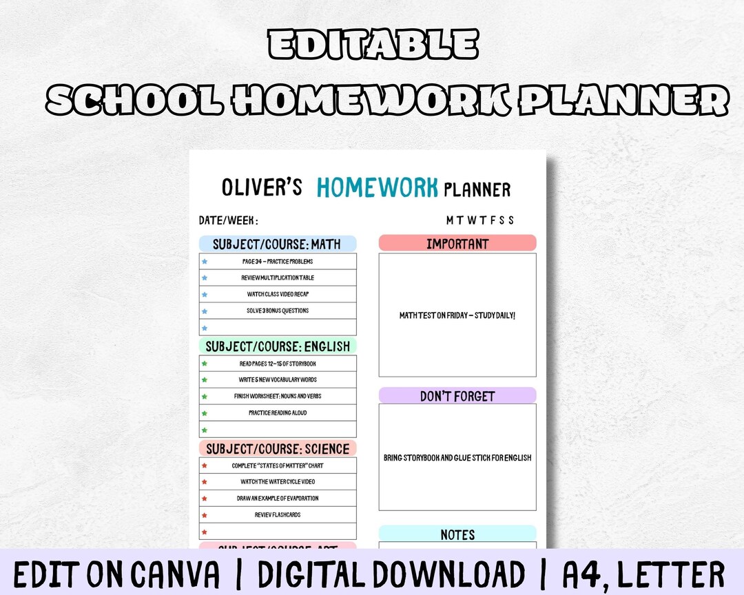 Editable School Homework Planner, Kids Homework Planner, Student Checklist, Assignment Checklist ...